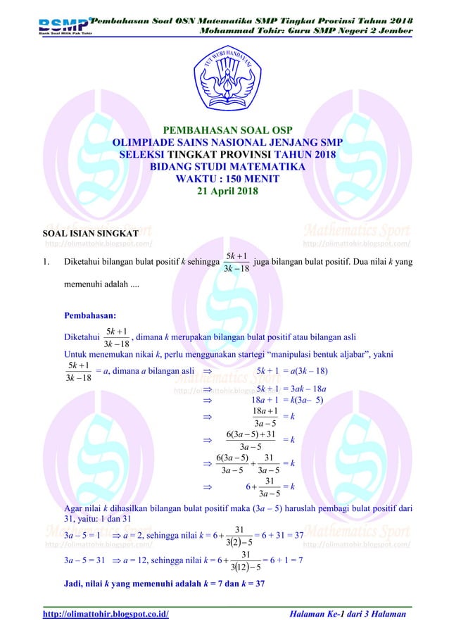 Soal dan Pembahasan OSN Matematika SMP Tingkat Provinsi 2018 | PDF