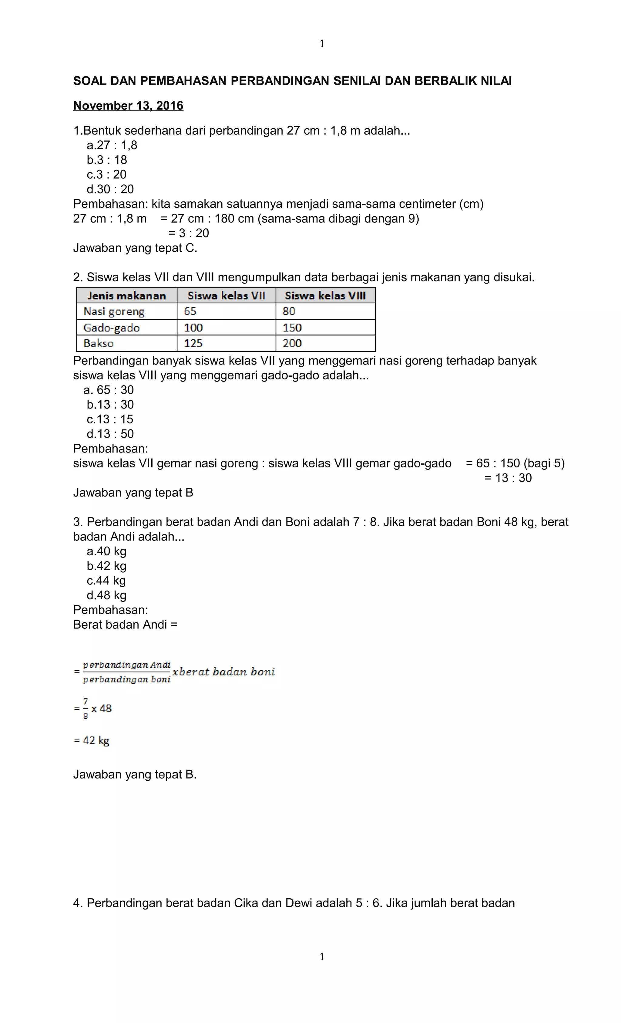 Soal dan pembahasan perbandingan senilai dan berbalik nilai | DOC