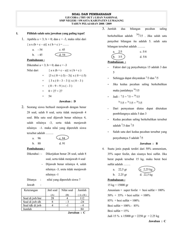 Soal Dan Pembahasan Try Out matematika SMP | PDF
