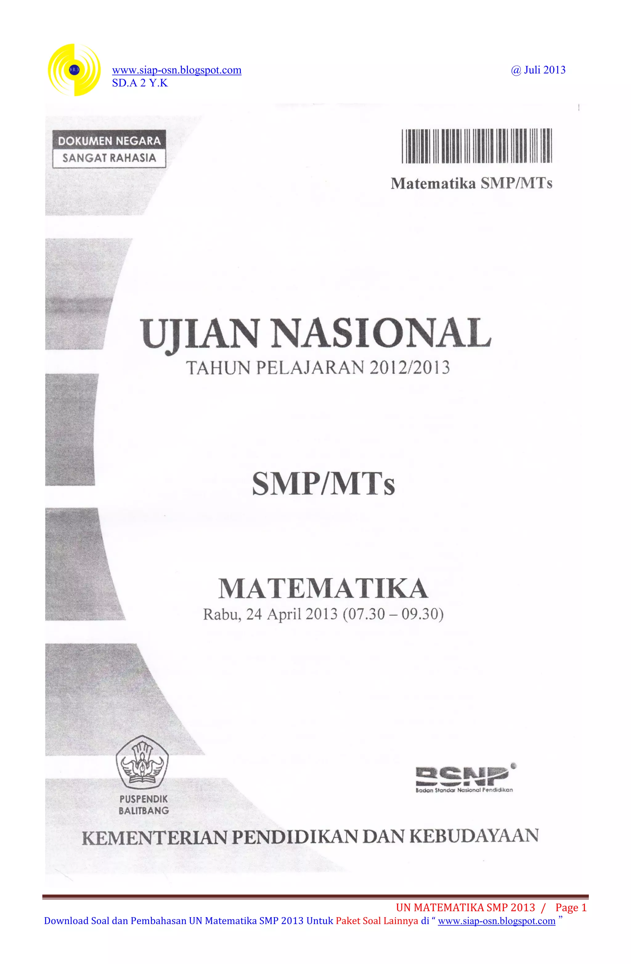 Soal dan pembahasan ujian nasional matematika smp 2013 paket 1 | PDF