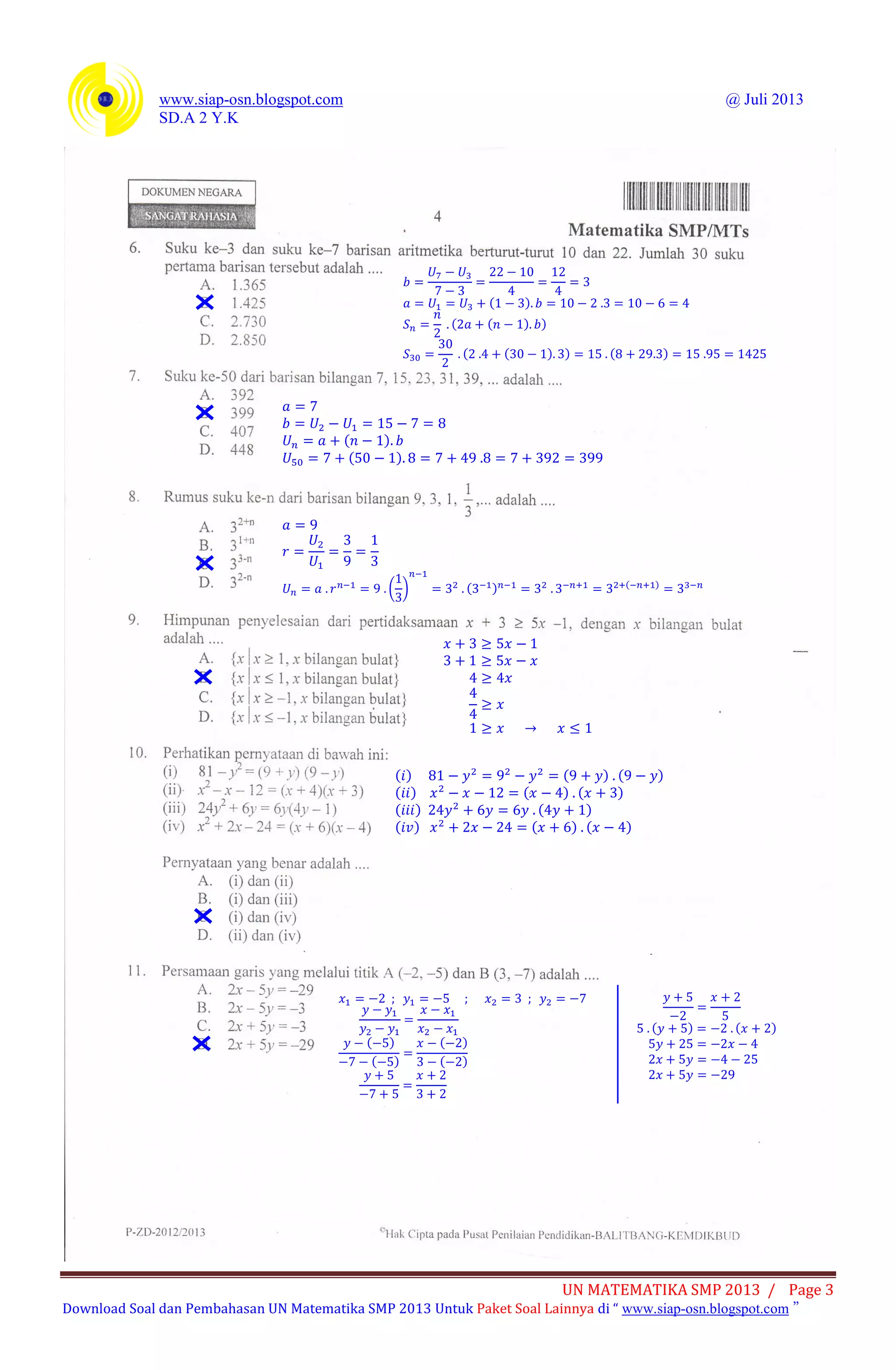 Soal dan pembahasan ujian nasional matematika smp 2013 paket 1 | PDF