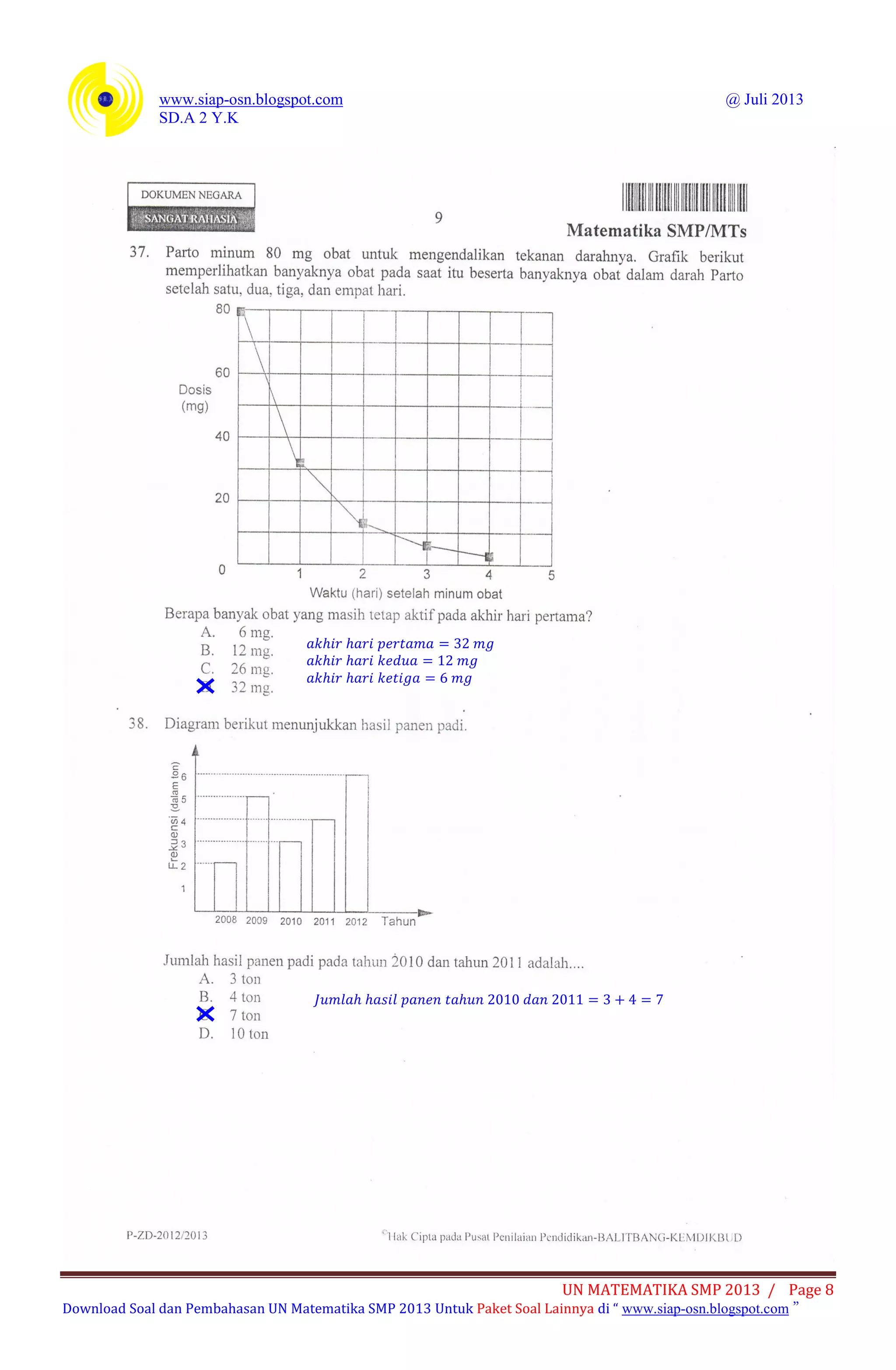Soal dan pembahasan ujian nasional matematika smp 2013 paket 1 | PDF