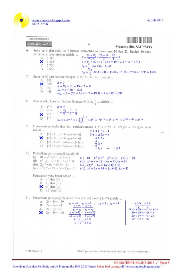 Soal dan pembahasan ujian nasional matematika smp 2013 paket 1 | PDF