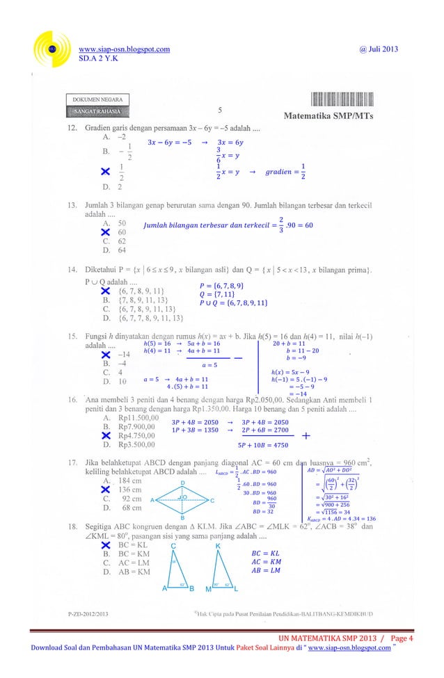 Soal dan pembahasan ujian nasional matematika smp 2013 paket 1 | PDF