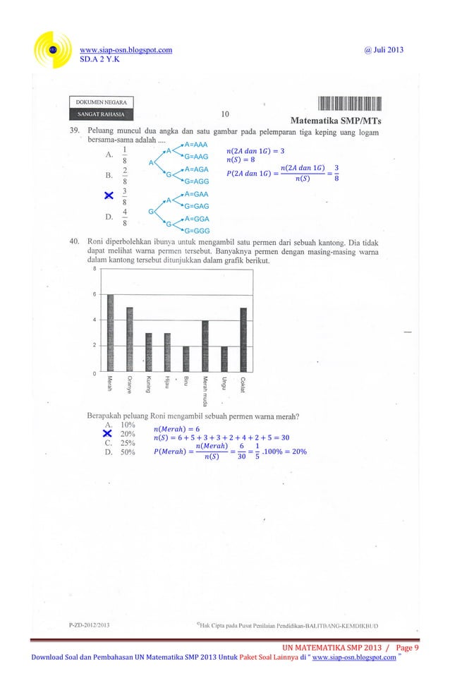 Soal dan pembahasan ujian nasional matematika smp 2013 paket 1 | PDF