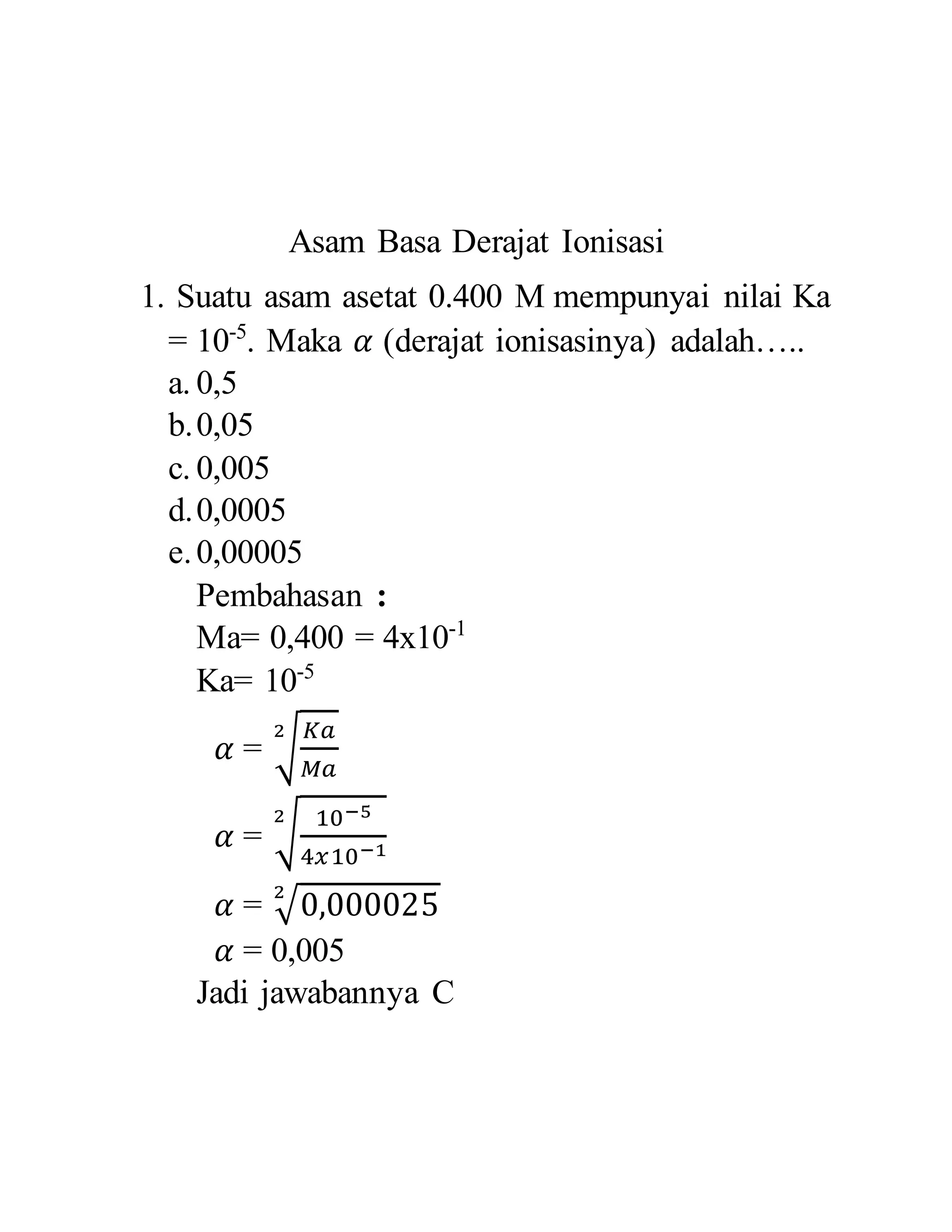 Soal derajat ionisasi (kimia) | DOCX