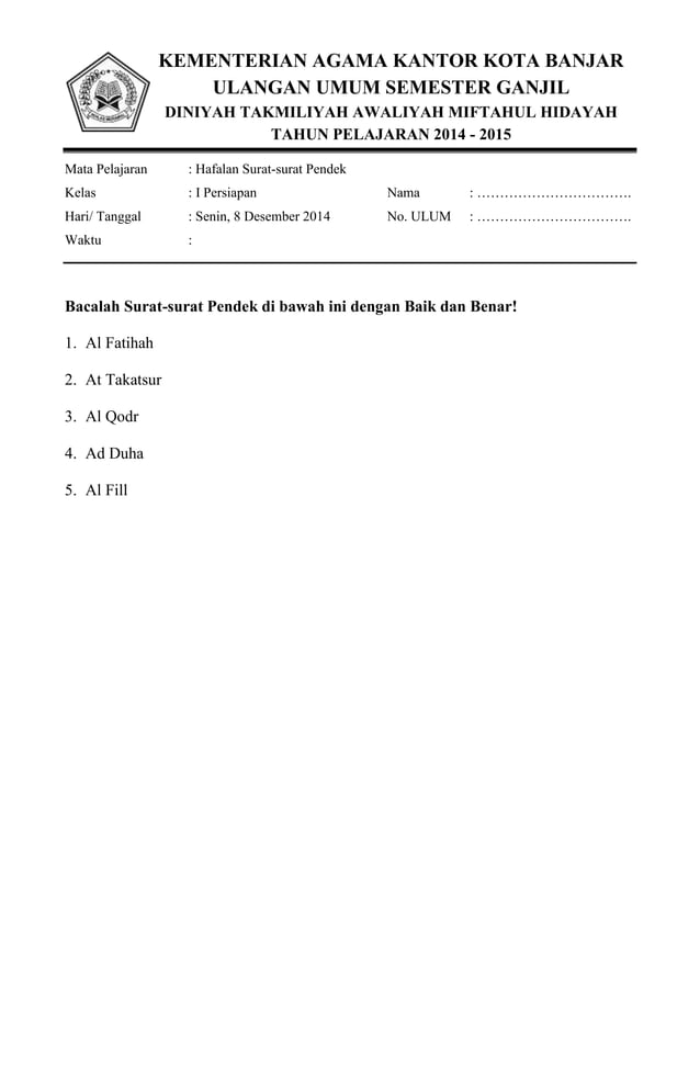 Soal dta miftahul hidayah | PDF