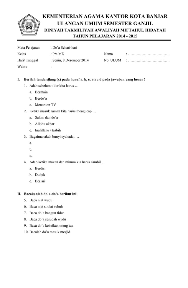 Soal dta miftahul hidayah | PDF