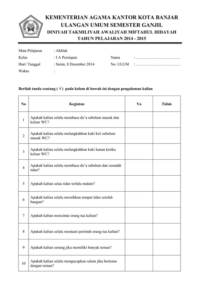 Soal dta miftahul hidayah | PDF
