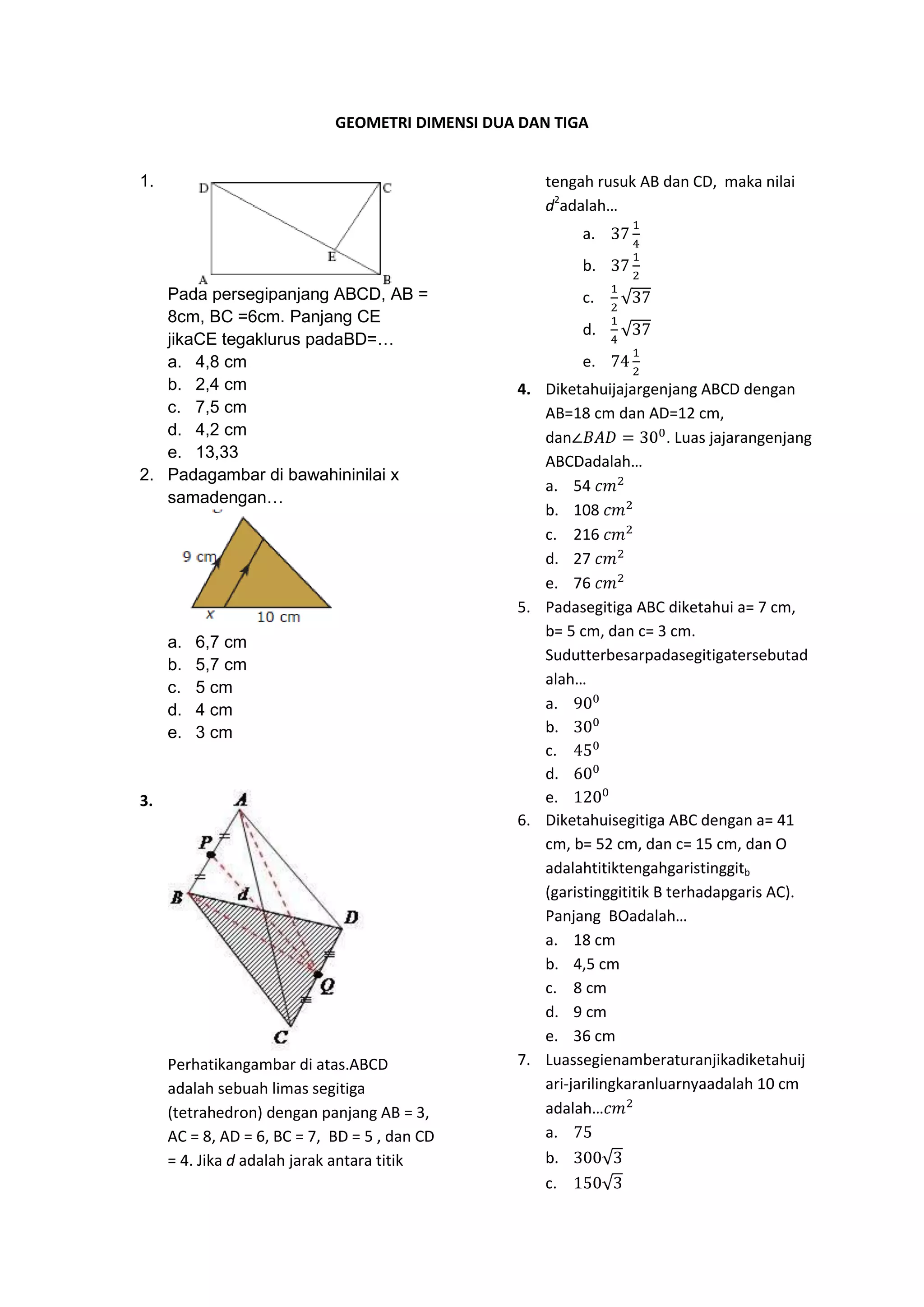 Soal geometri dimensi dua dan tiga | DOCX