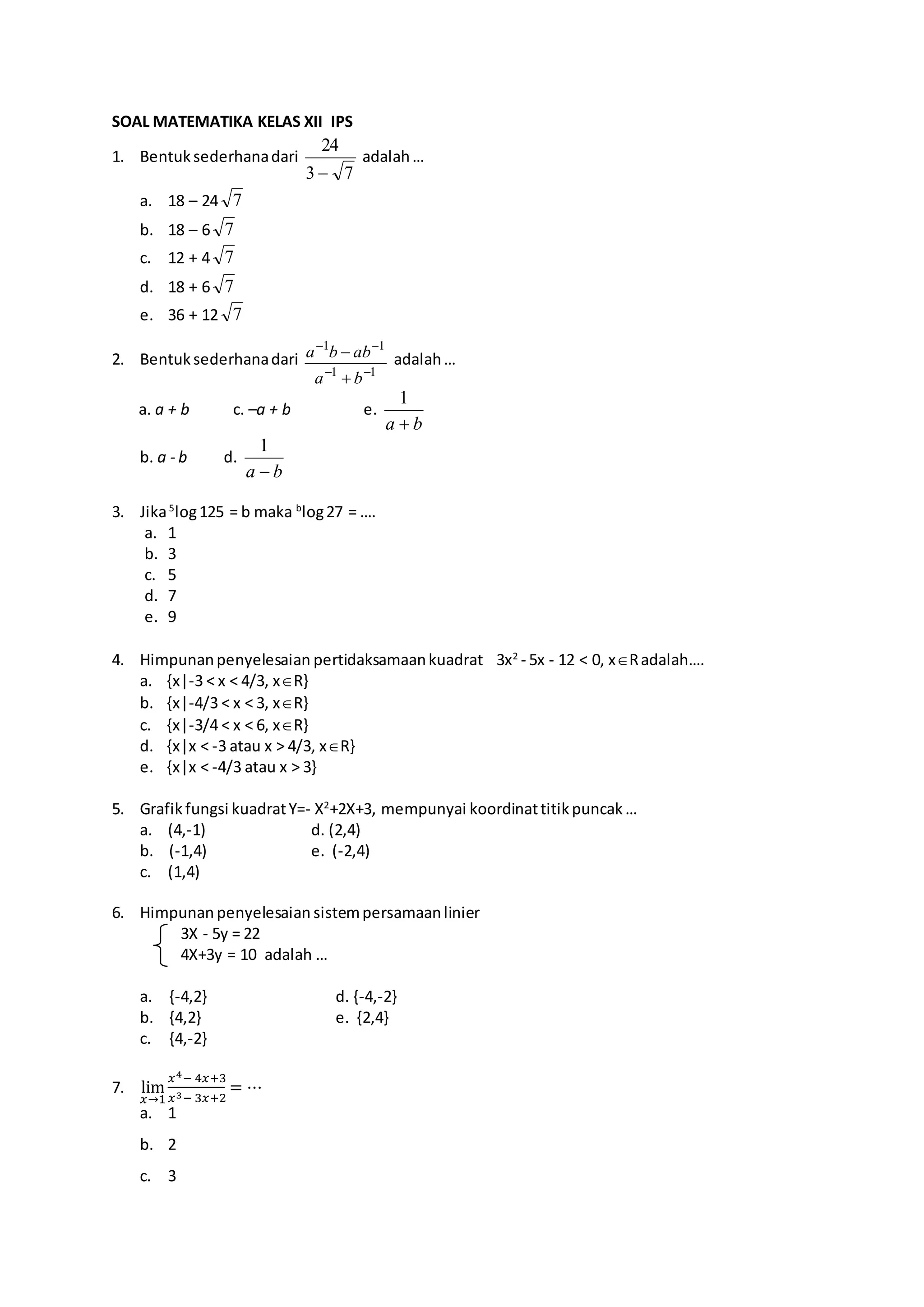 soal kompetisi matematika standar untuk sma | DOCX