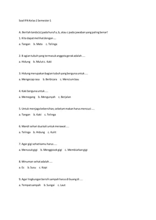 Soal ipa kelas 1 semester 1 | PDF