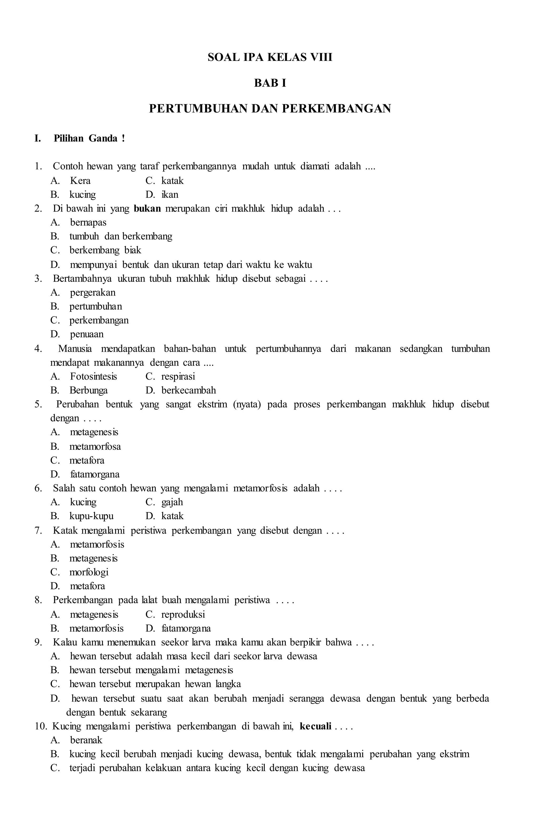 Soal ipa kelas viii bab 1 pertumbuhan dan perkembangan | DOCX