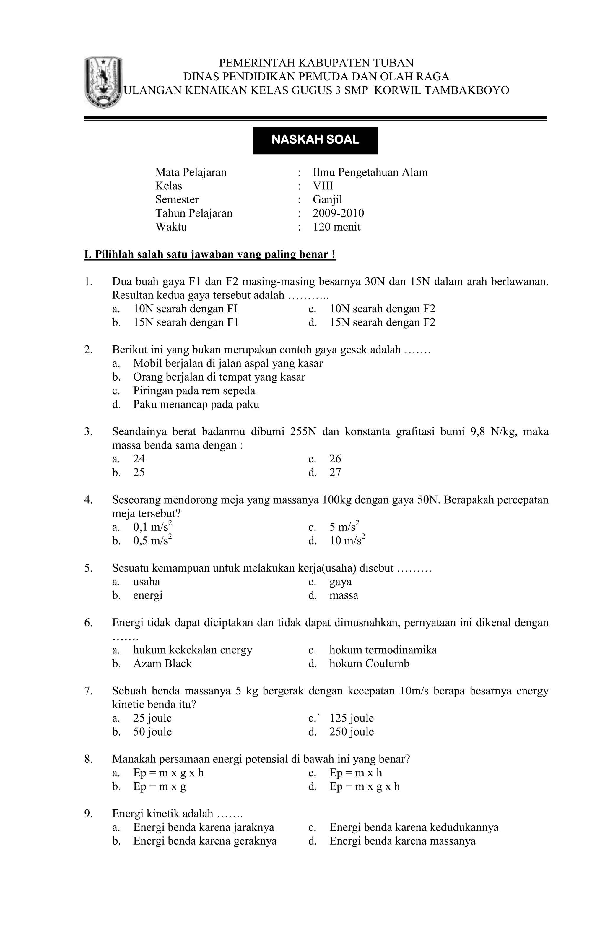 Soal UJIAN KENAIKAN KELAS (UKK) IPA SMP kelas 8 smt 2- | PDF