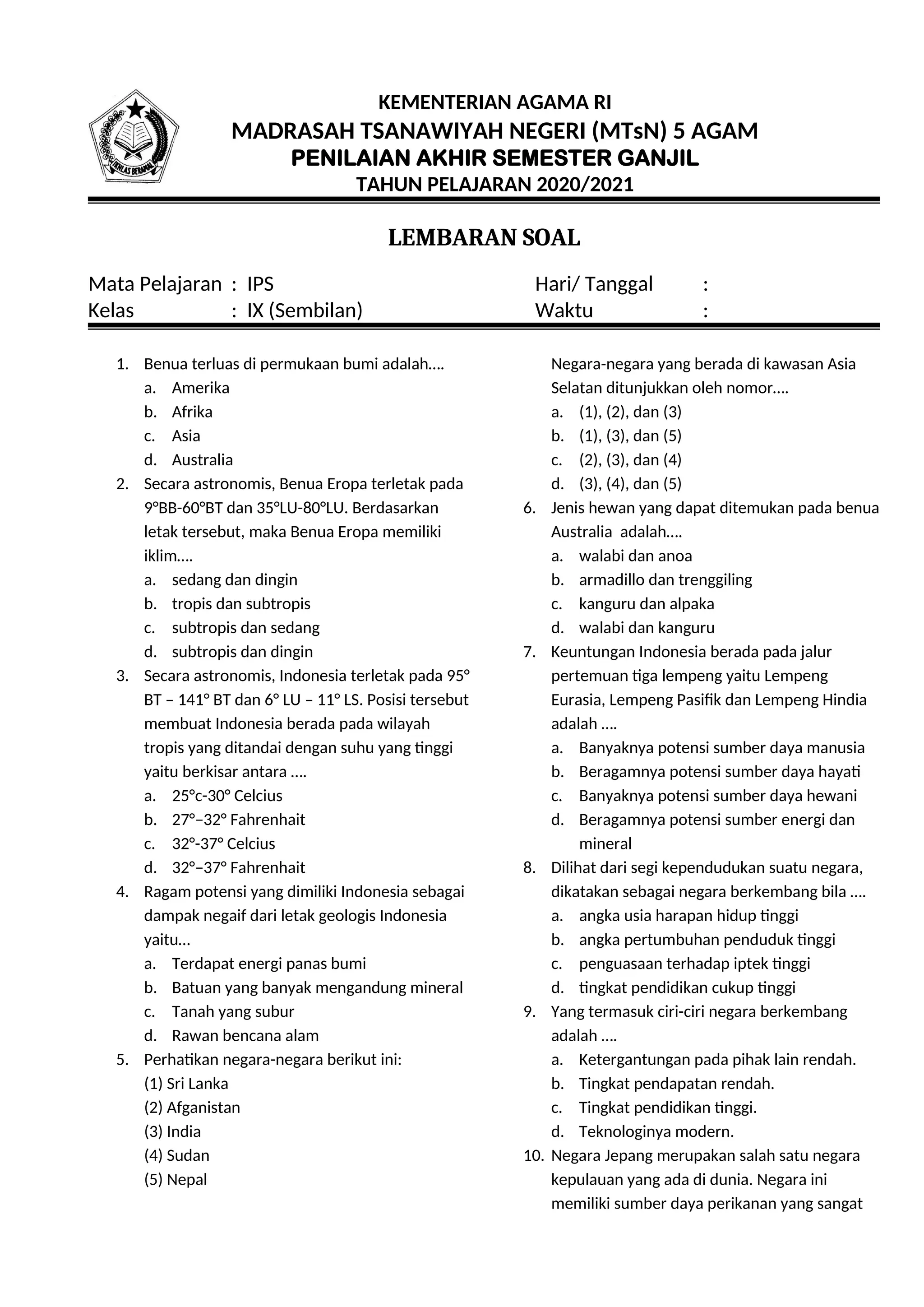 Soal UAS MATA PELAJARAN IPS KLS 9 SEM 1 TP 20-21.docx