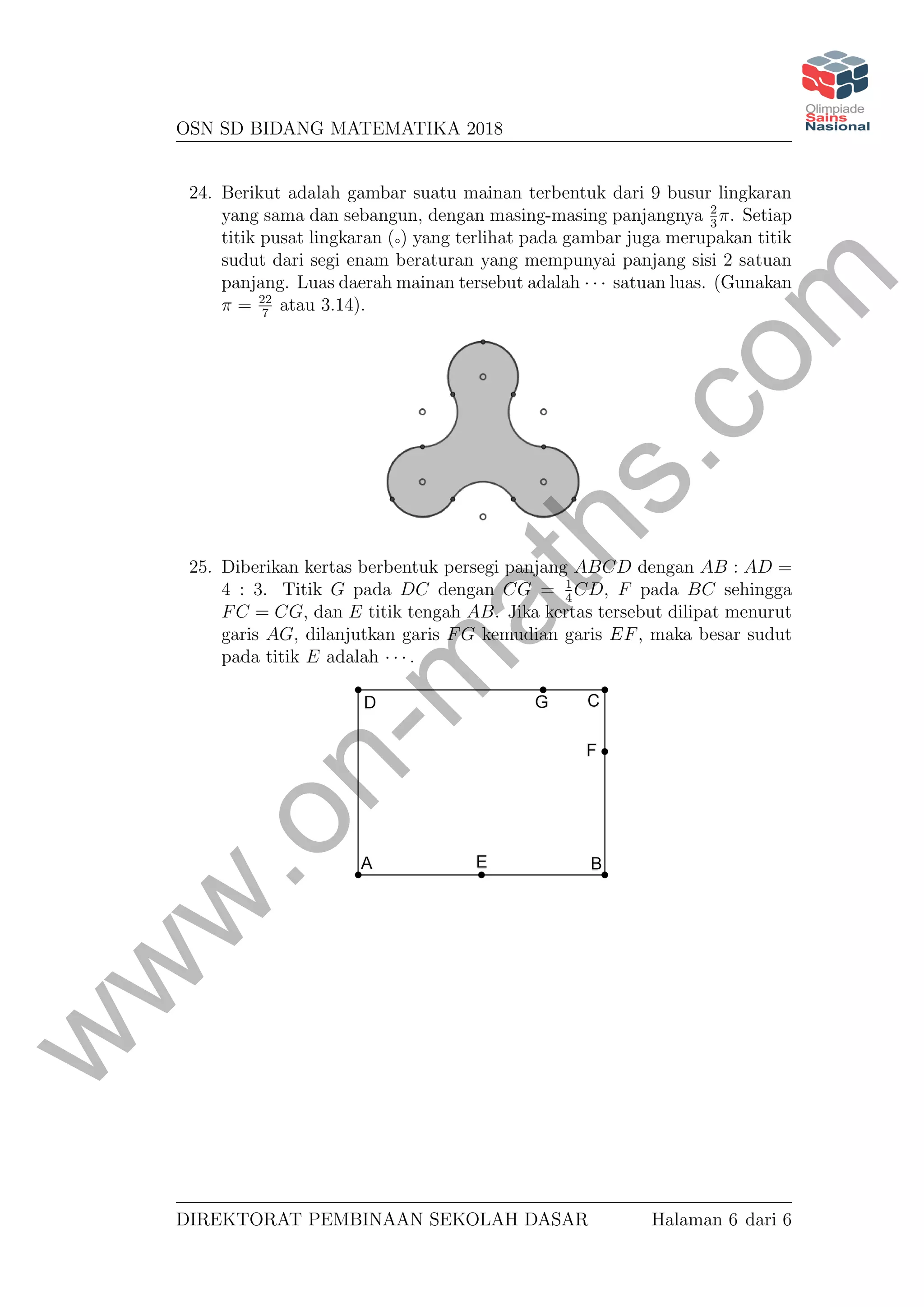 Soal isian singkat osn matematika sd tingkat nasional 2018 | PDF