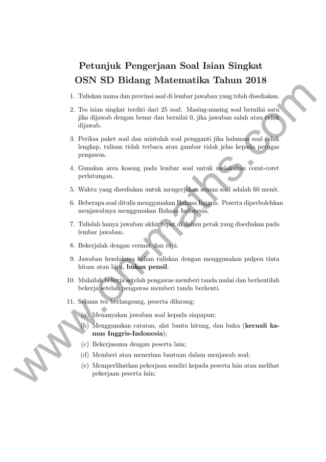 Soal isian singkat osn matematika sd tingkat nasional 2018 | PDF