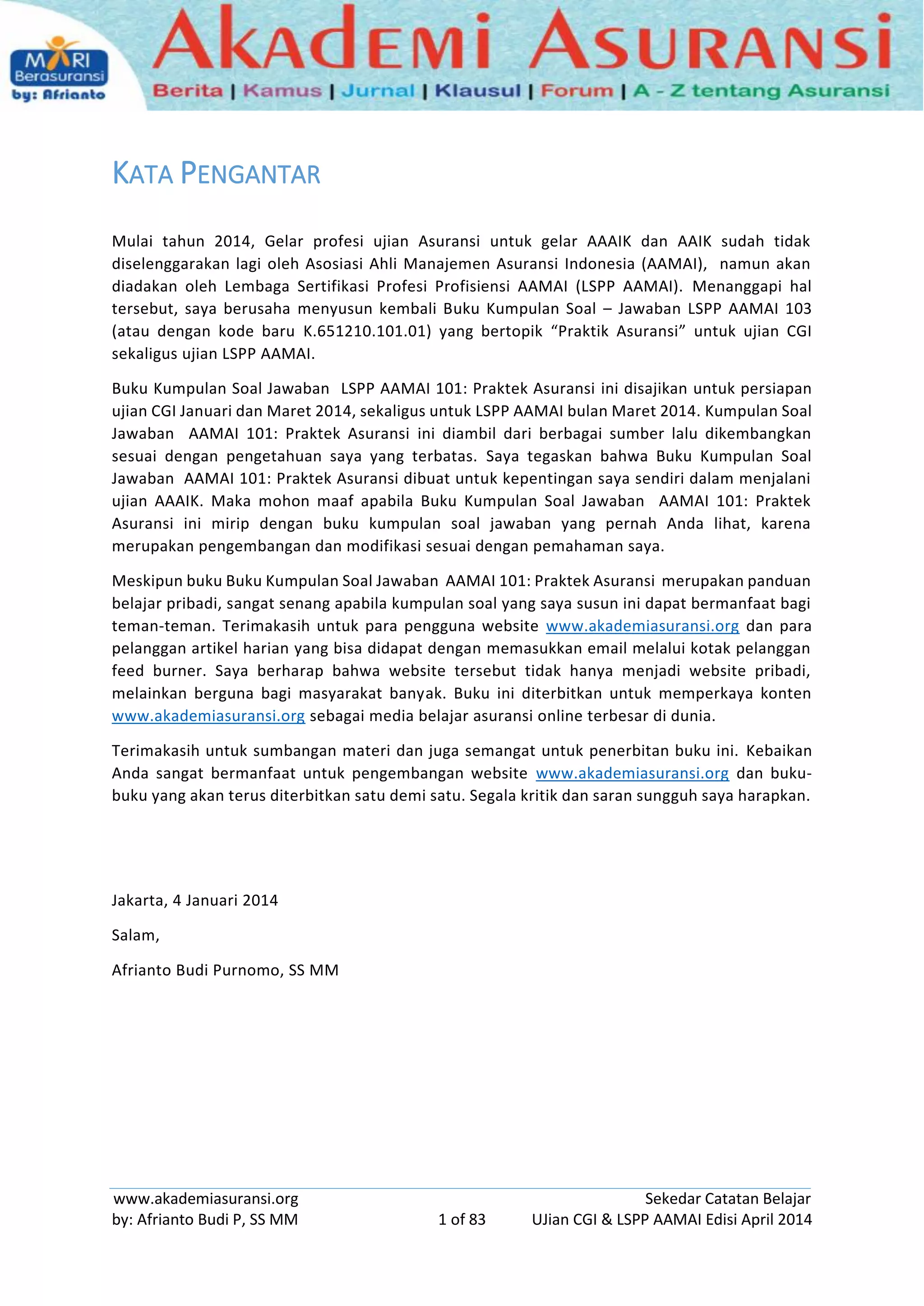 Soal Jawab Ujian CGI LSPP AAMAI 101 Praktek Asuransi - Afrianto - V.2 ...