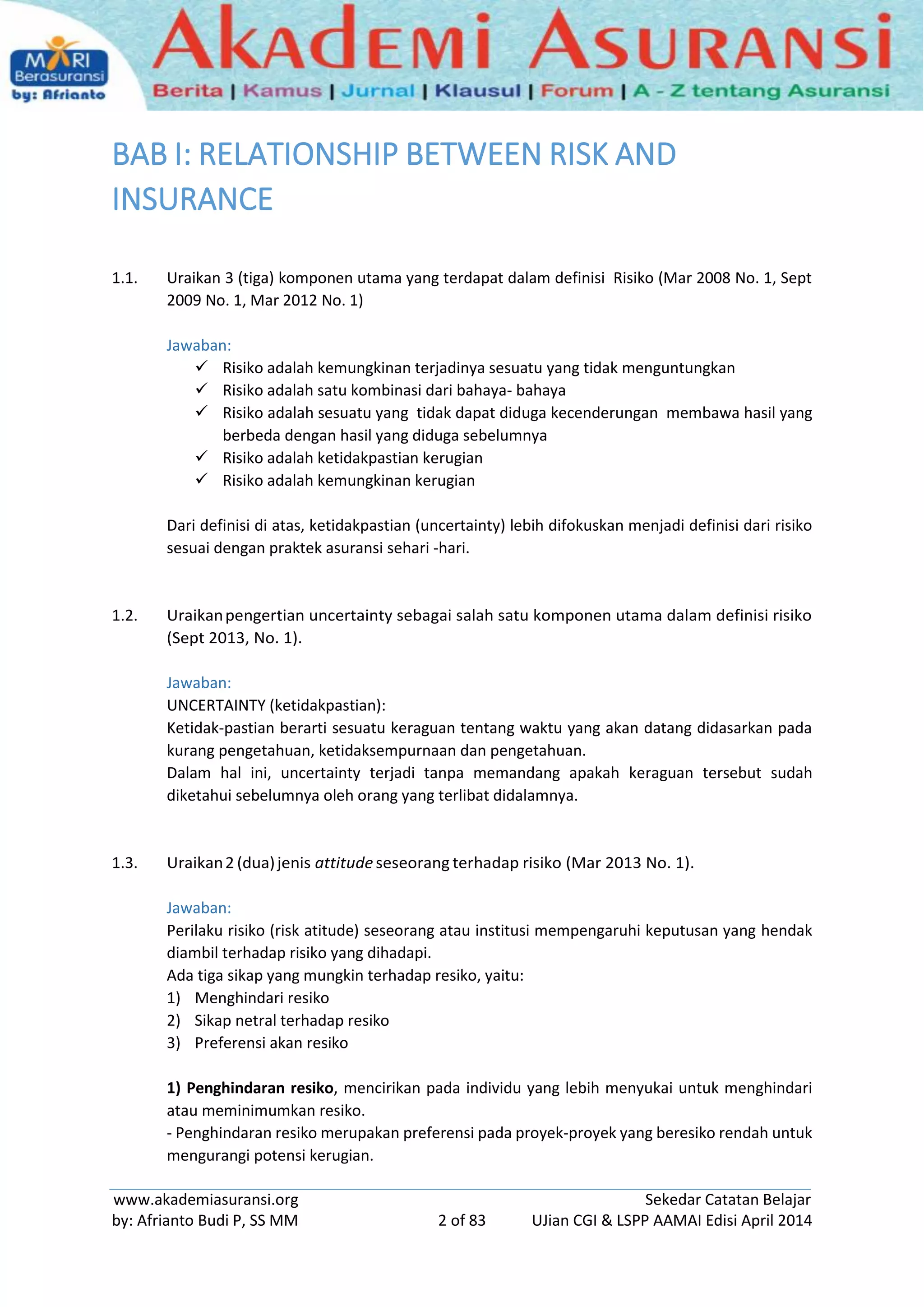 Soal Jawab Ujian CGI LSPP AAMAI 101 Praktek Asuransi - Afrianto - V.2 - Sampel | PDF