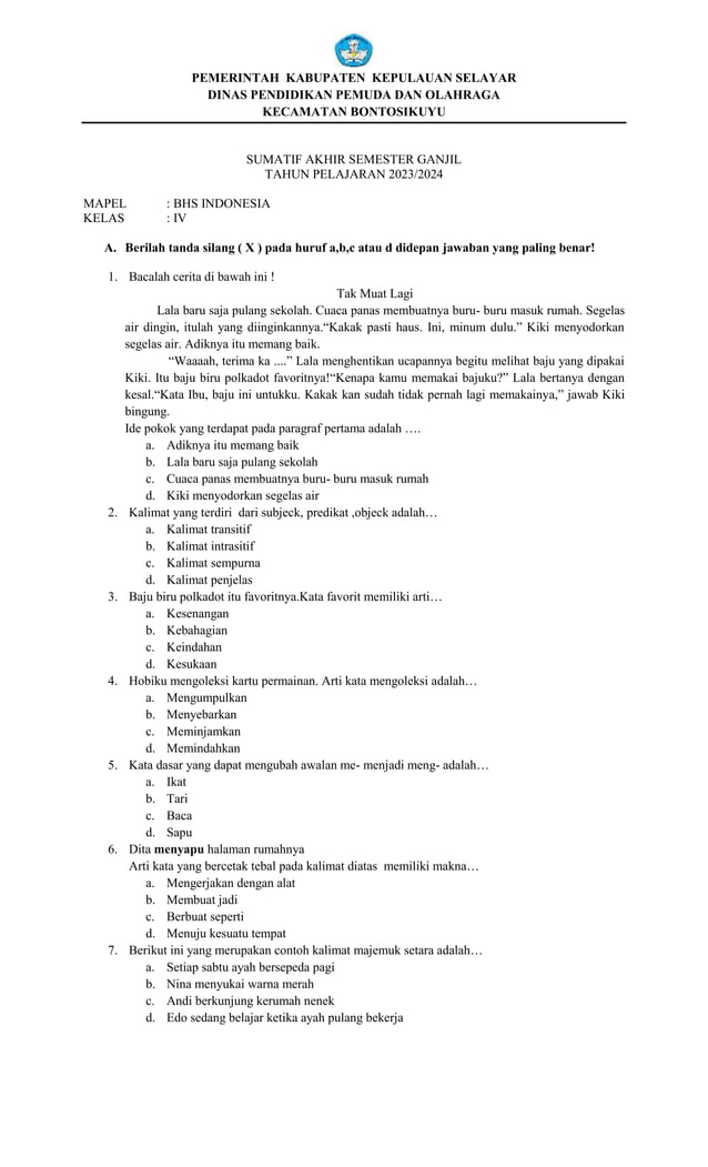 SOAL KELAS empat bahasa indonesia kelas 4 | DOCX