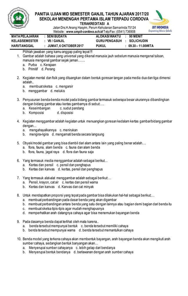 Soal kelas 7 seni budaya 2017 mid semester ganjil modifikasi k13ok | DOCX