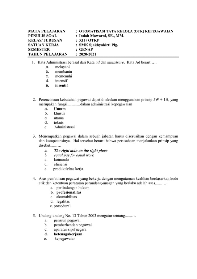 SOAL USP XII OTKP_OTK KEPEGAWAIAN | PDF