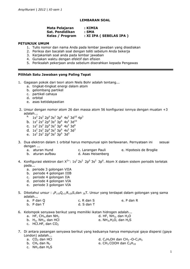 Soal Kimia Kelas XI Semester 1 | PDF
