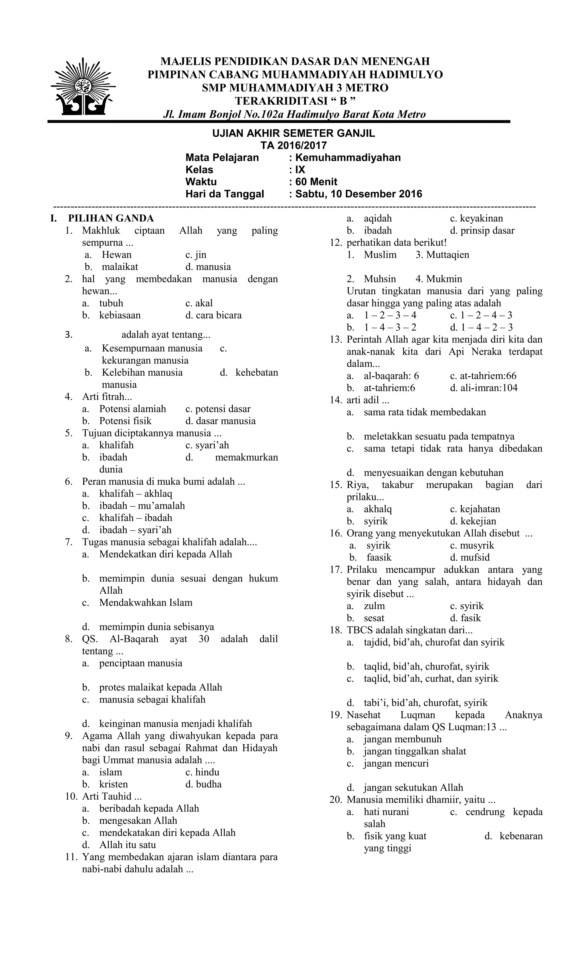 Soal kmd smt 1 | PDF
