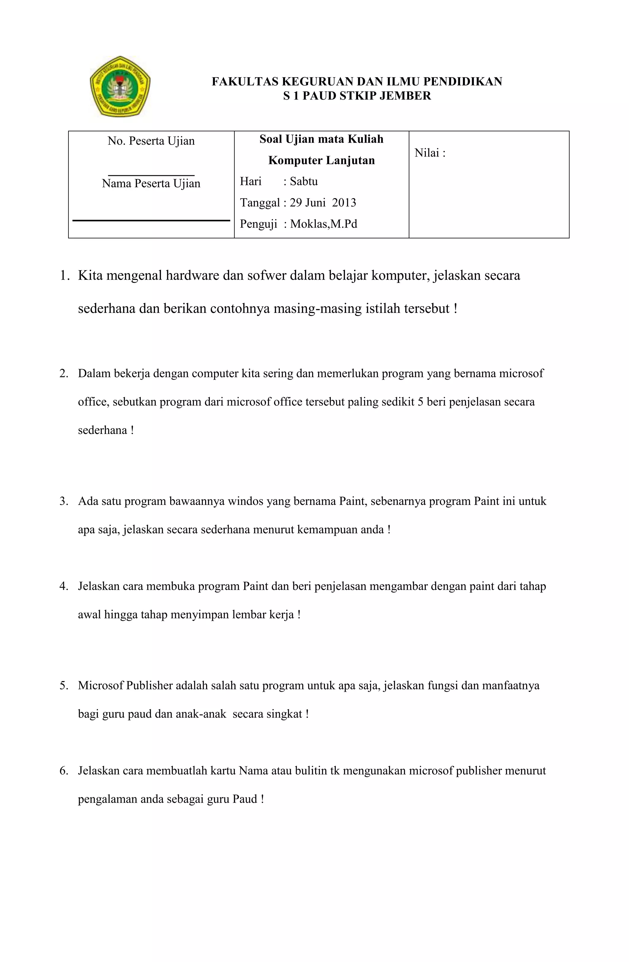 Soal komputer lanjutan | PDF