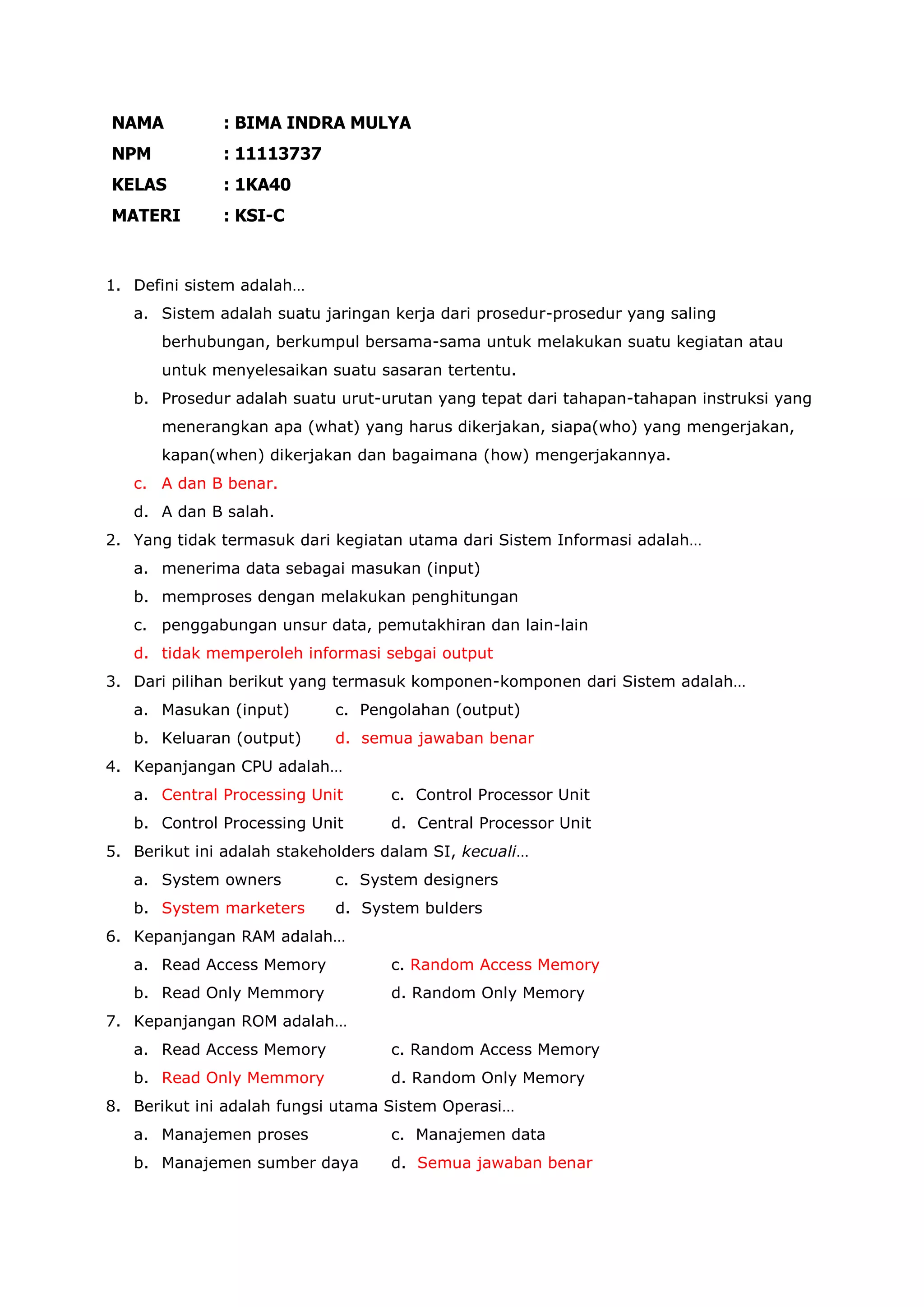 Soal konsep sistem informasi abc | DOCX