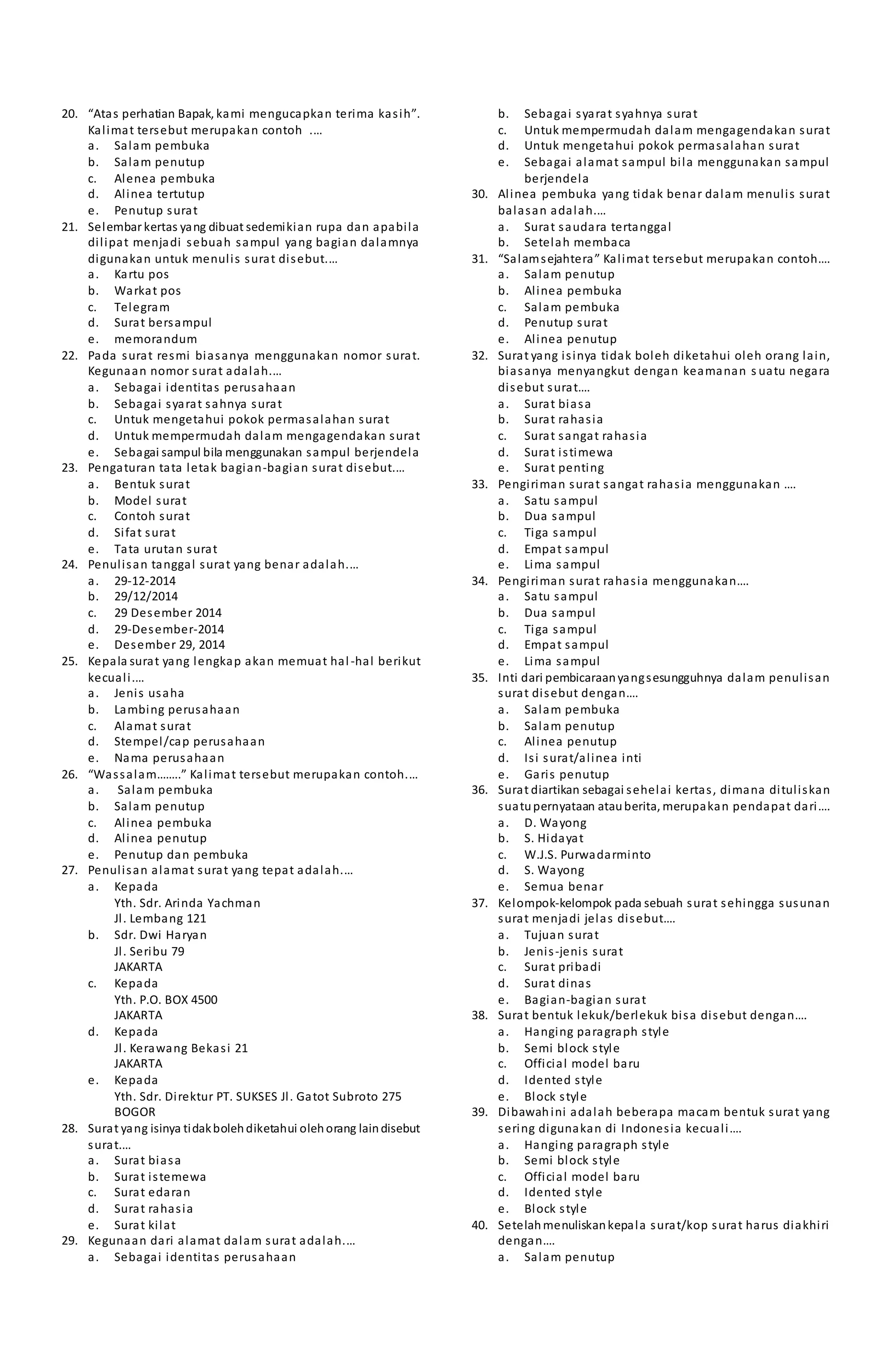 Soal korespondensi kelas 1 penilaian akhir semester genap | PDF