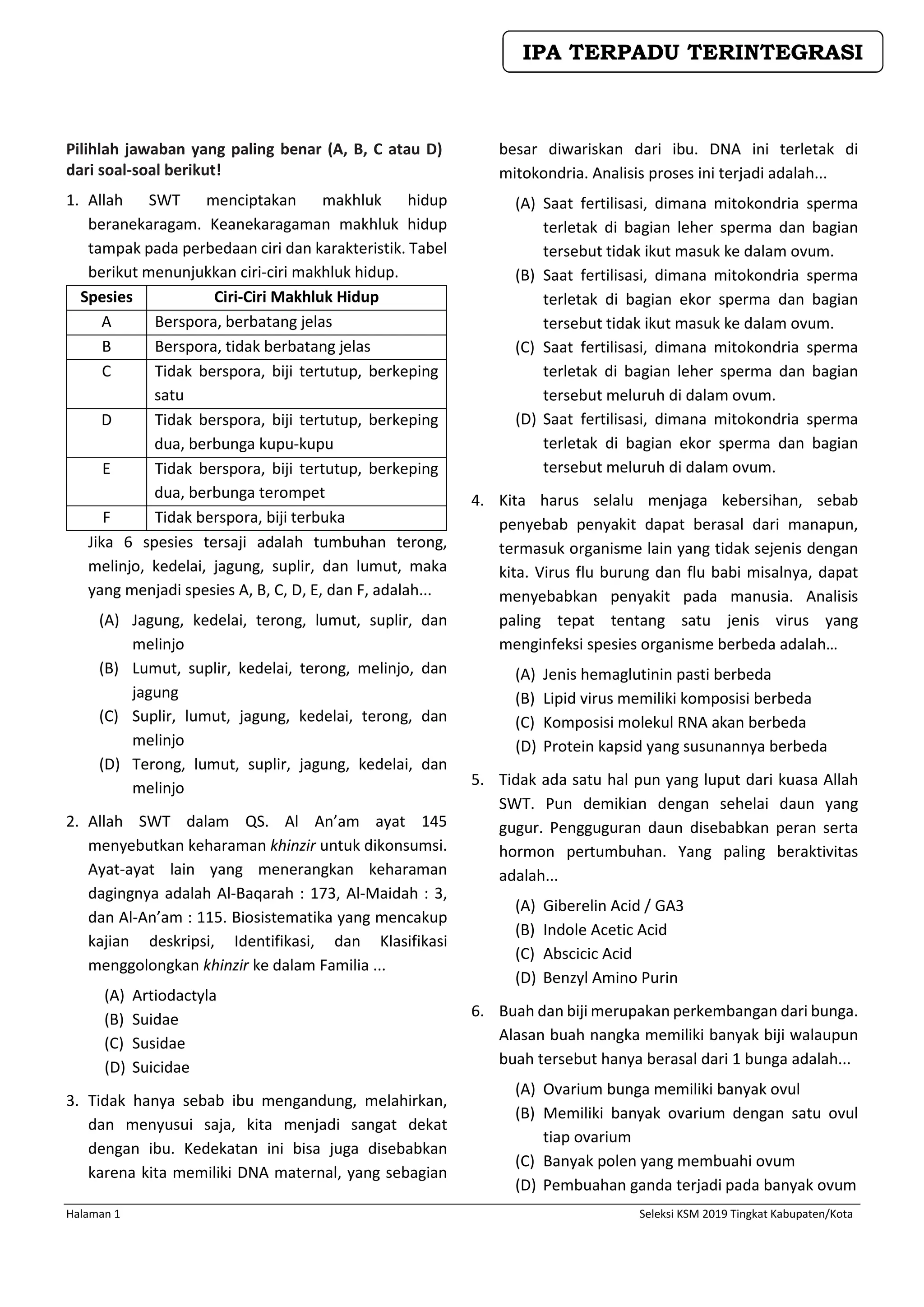 Soal KSM 1 IPA MTs 2019 tingkat kabupaten | PDF