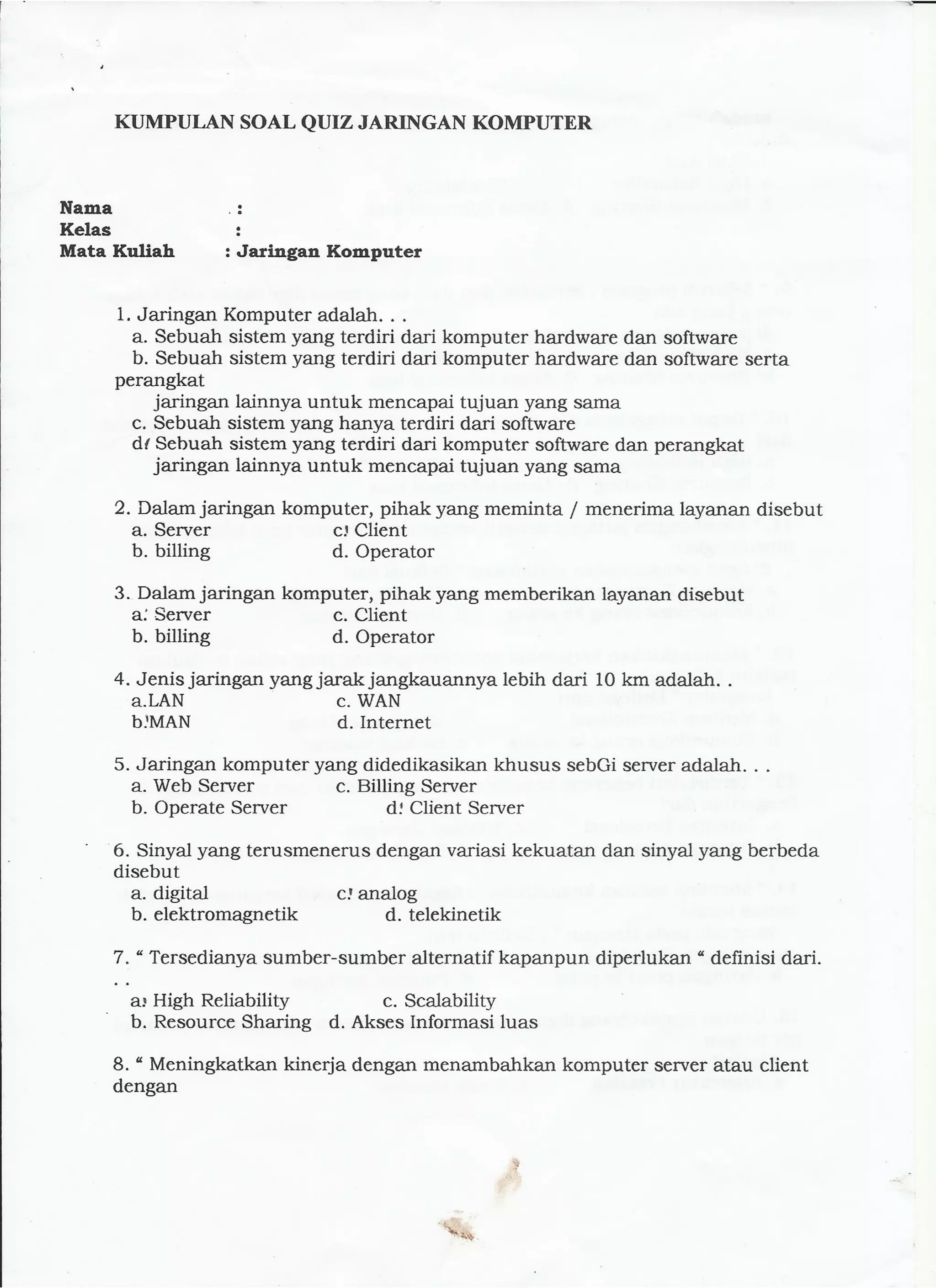 Soal kuis jaringan komputer rev | PDF