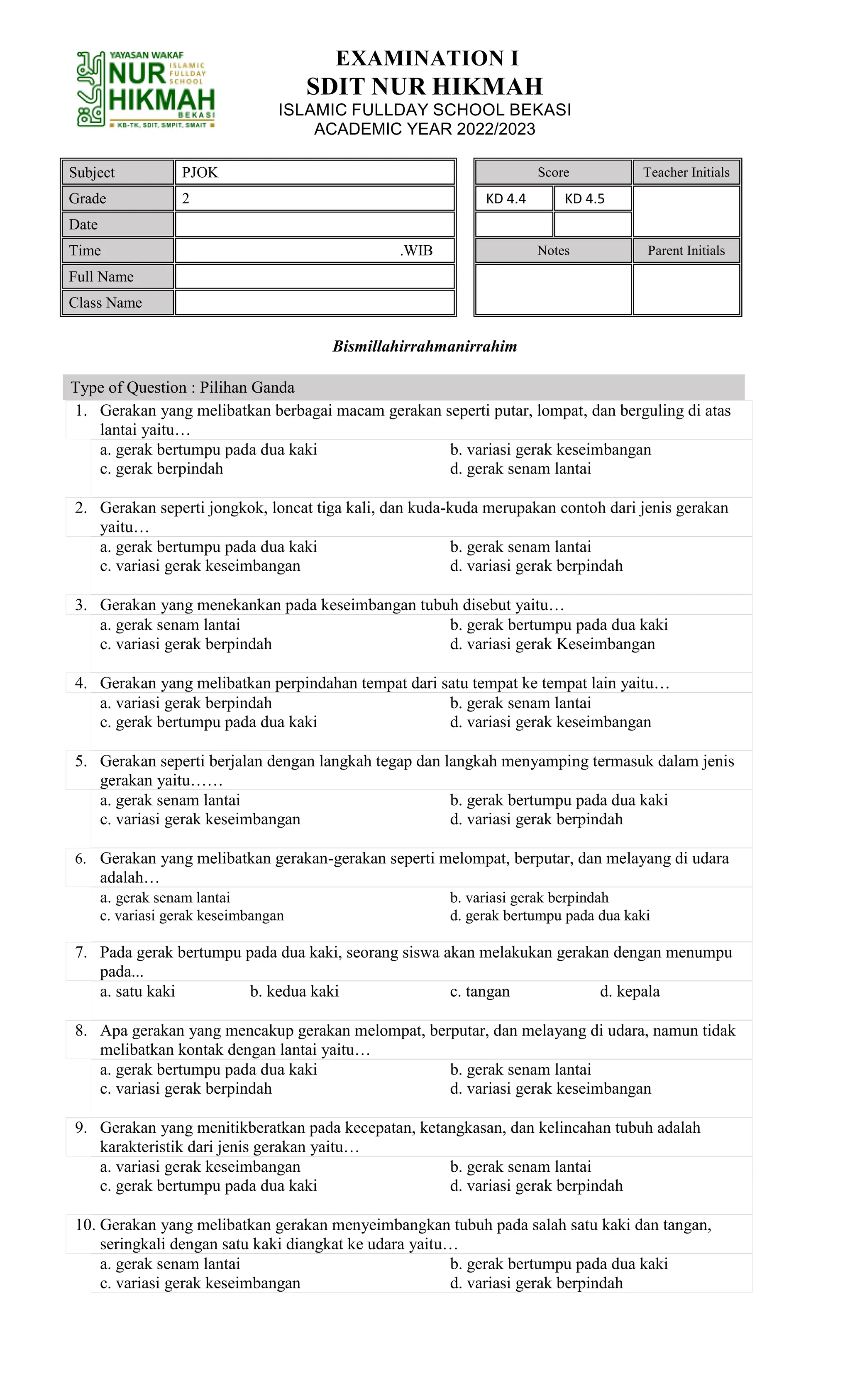 Soal Latihan Kelas 2 PJOK KI 3Gerakan senam dan kelenturan.docx