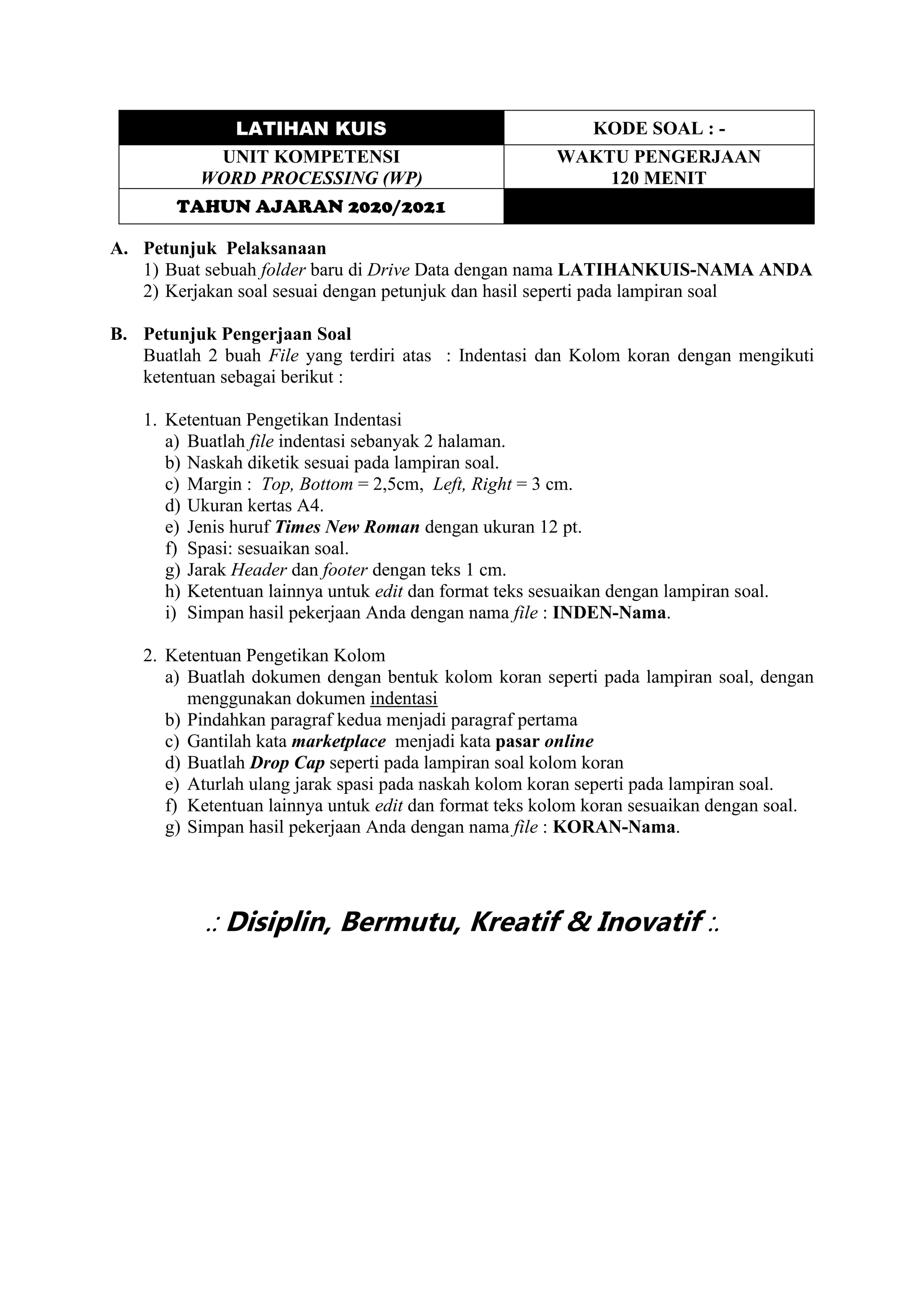 Soal Latihan Kuis - Aplikasi Komputer - Word Processing | PDF