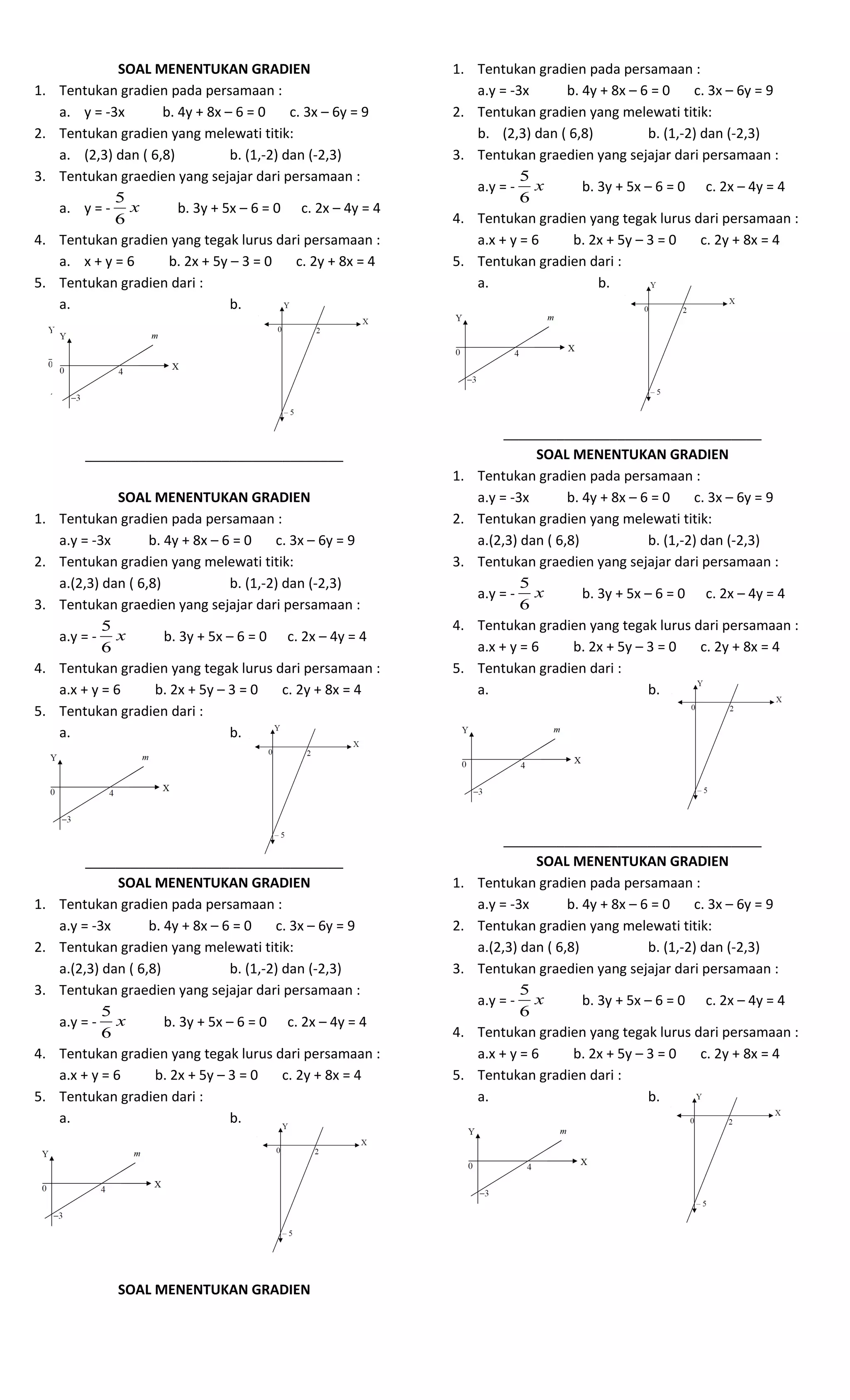 Soal latihan menentukan gradien (3 persamaan garis lurus) | DOC