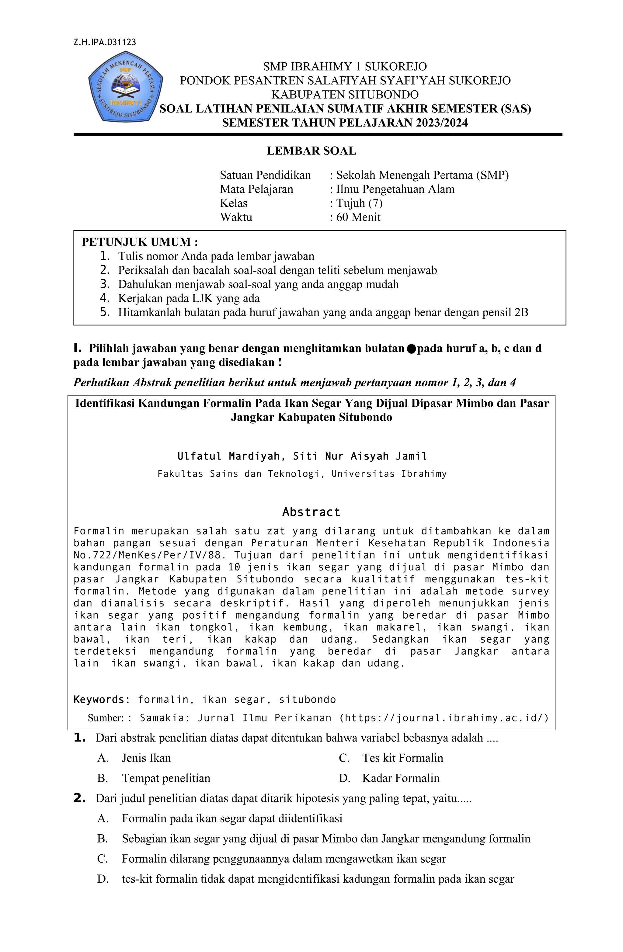 Soal Latihan Penilaian Sumatif Akhir Semester Kelas 7 SMP | PDF