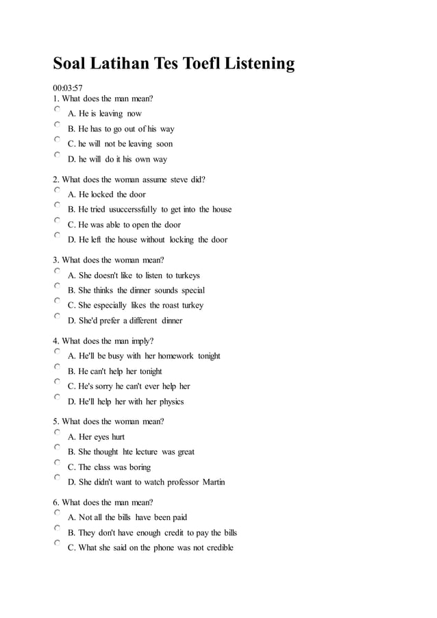 Soal latihan tes toefl listening exercise 1 | PDF