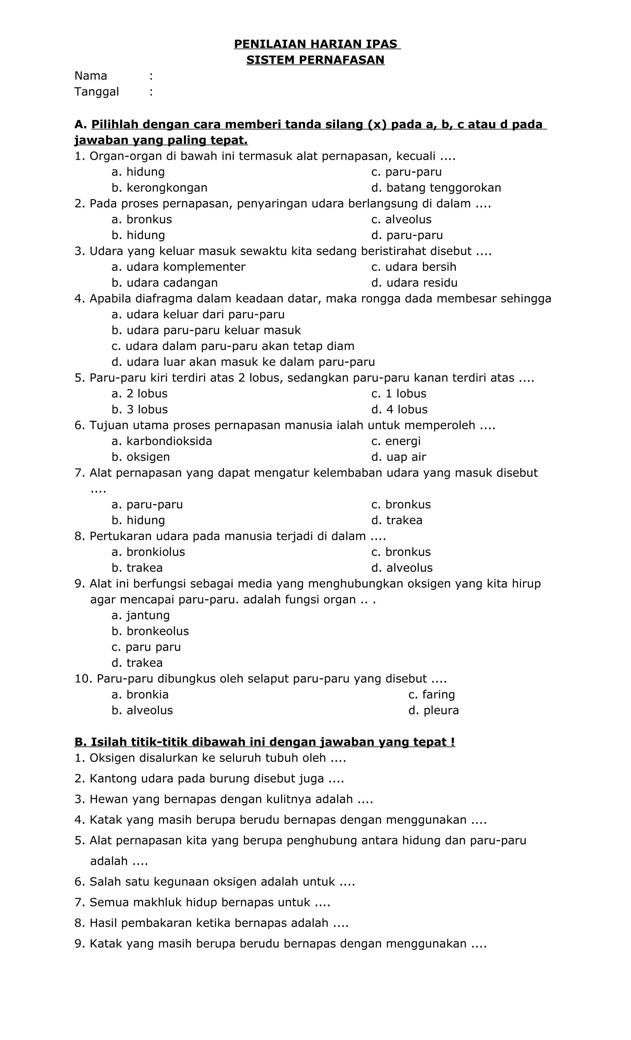 soal latihan ulangan IPA SD kelas 5 tentang Pernapasan.docx