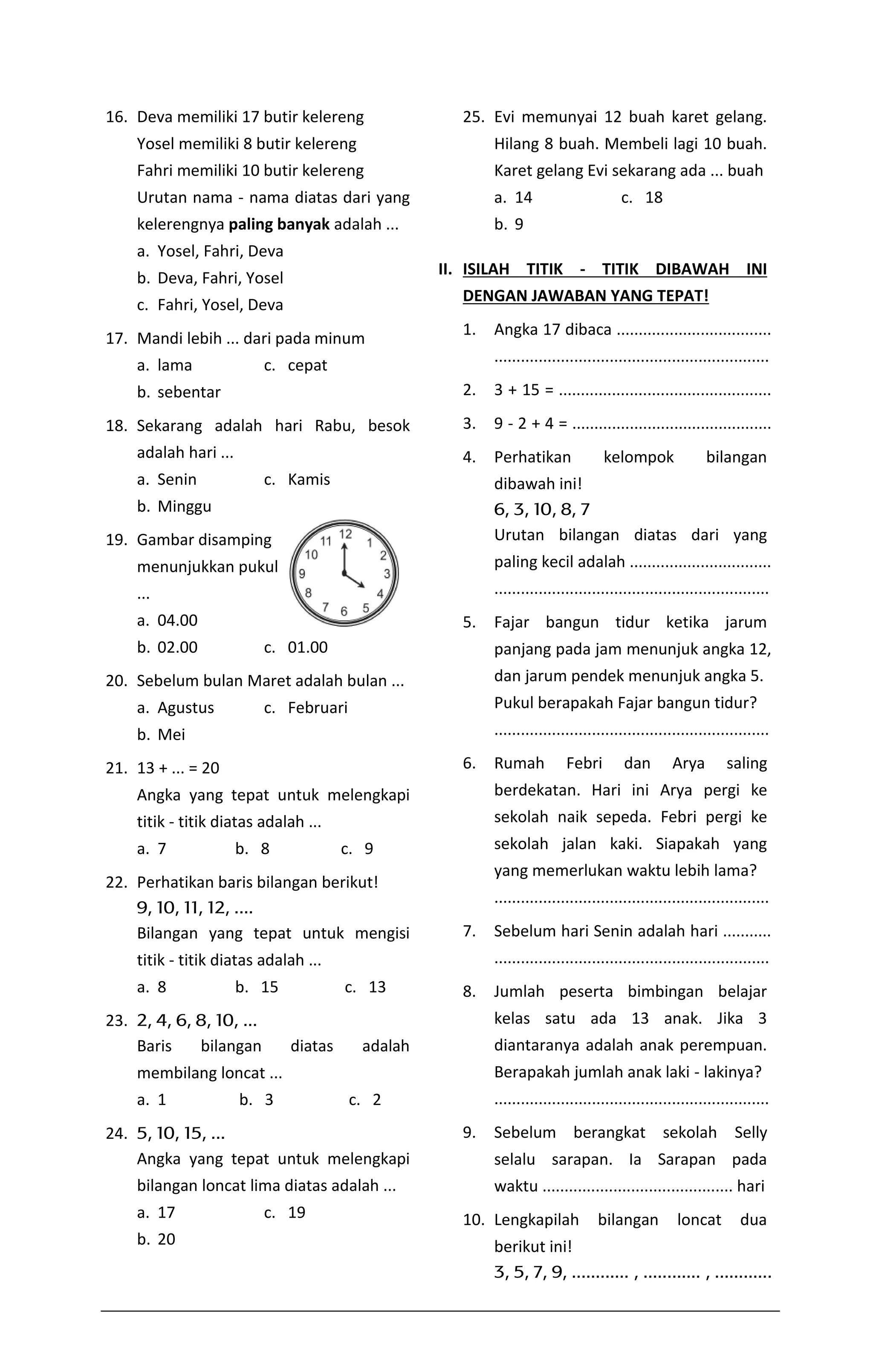 Soal latihan uts mate kelas 1 sem 1 ktsp | PDF
