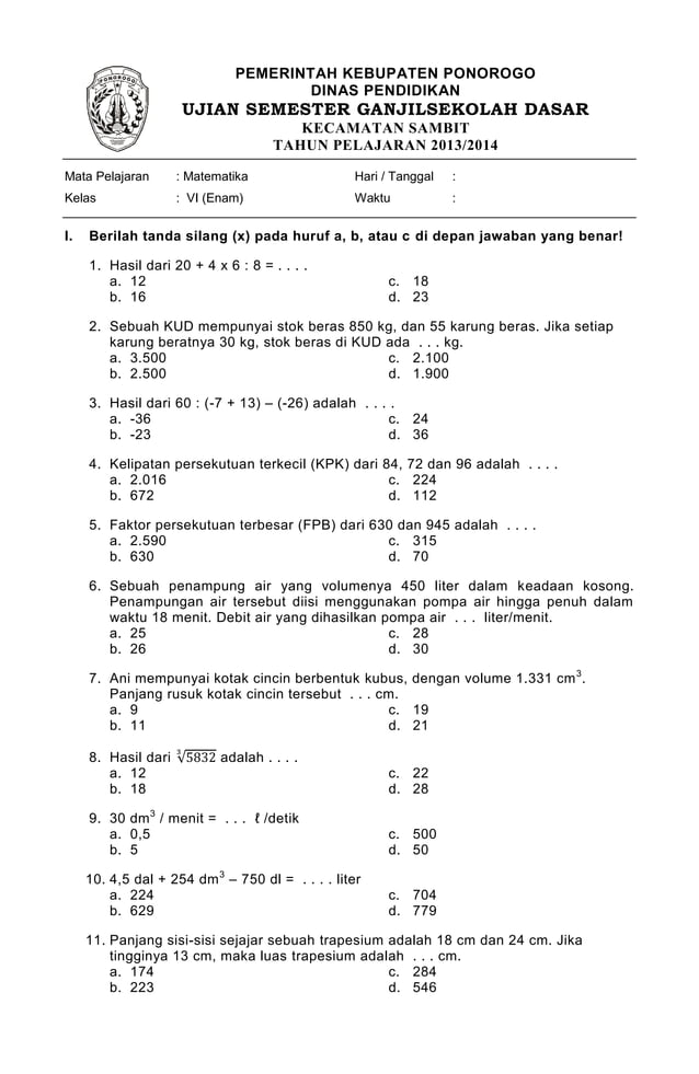 Contoh Soal Matematika Kls 3 Sd Semester 1 - Perumperindo.co.id