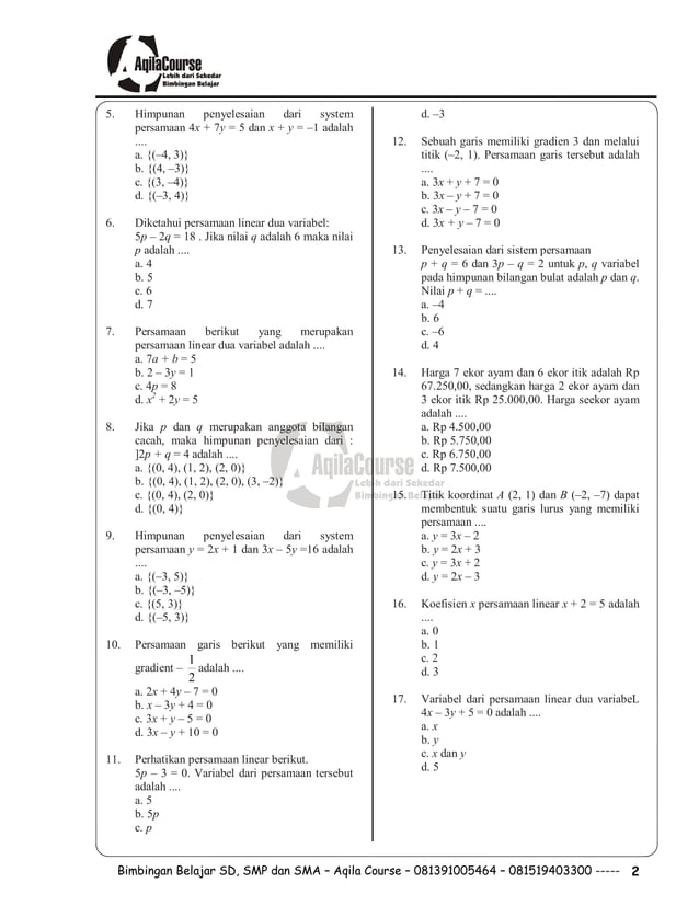 Soal matematika smp sistem persamaan linier dua variabel spldv2 | PDF
