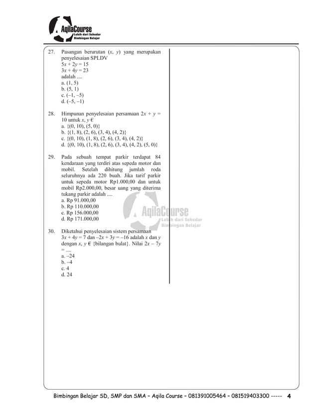 Soal matematika smp sistem persamaan linier dua variabel spldv2 | PDF