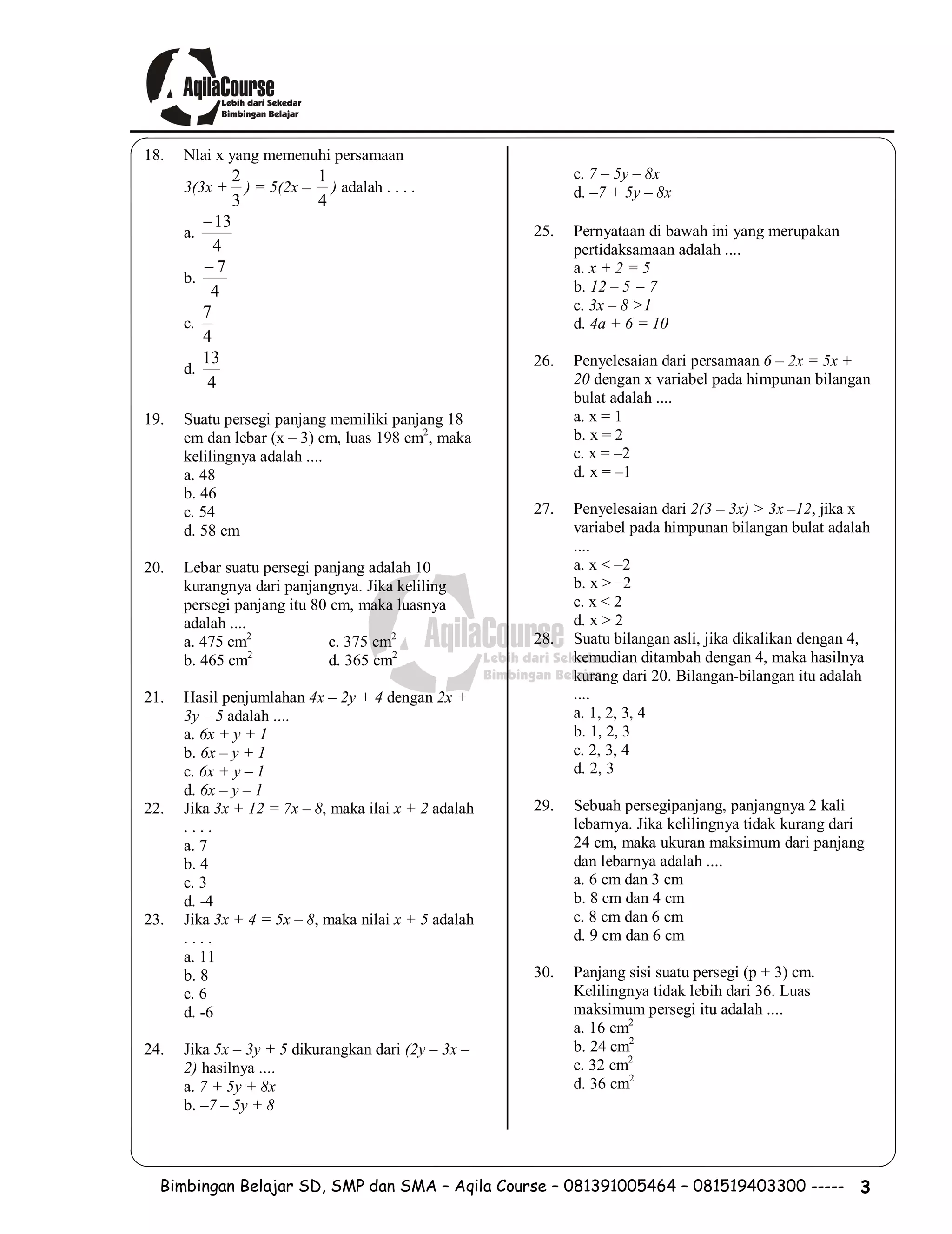 Soal matematika smp sistem persamaan linier satu variabel plsv2 | PDF