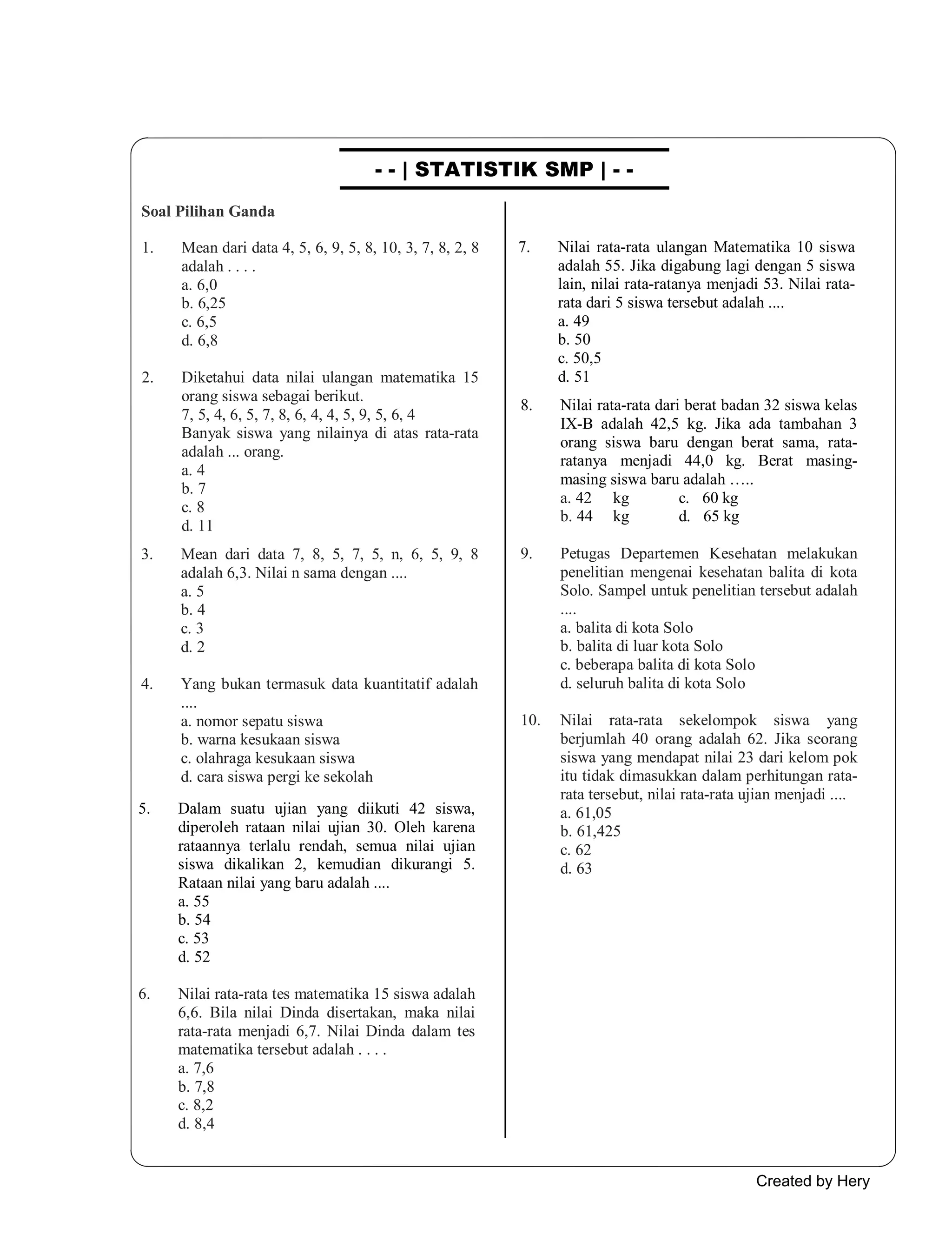 Soal matematika smp statistik heryadi | PDF