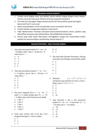 Soal Olimpiade Matematika SMA Tingkat Nasional PDIM UB 2013 | PDF