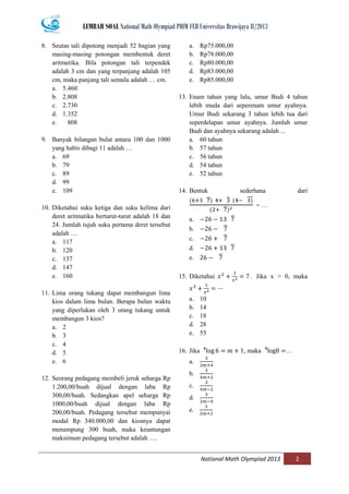 Soal Olimpiade Matematika SMA Tingkat Nasional PDIM UB 2013 | PDF