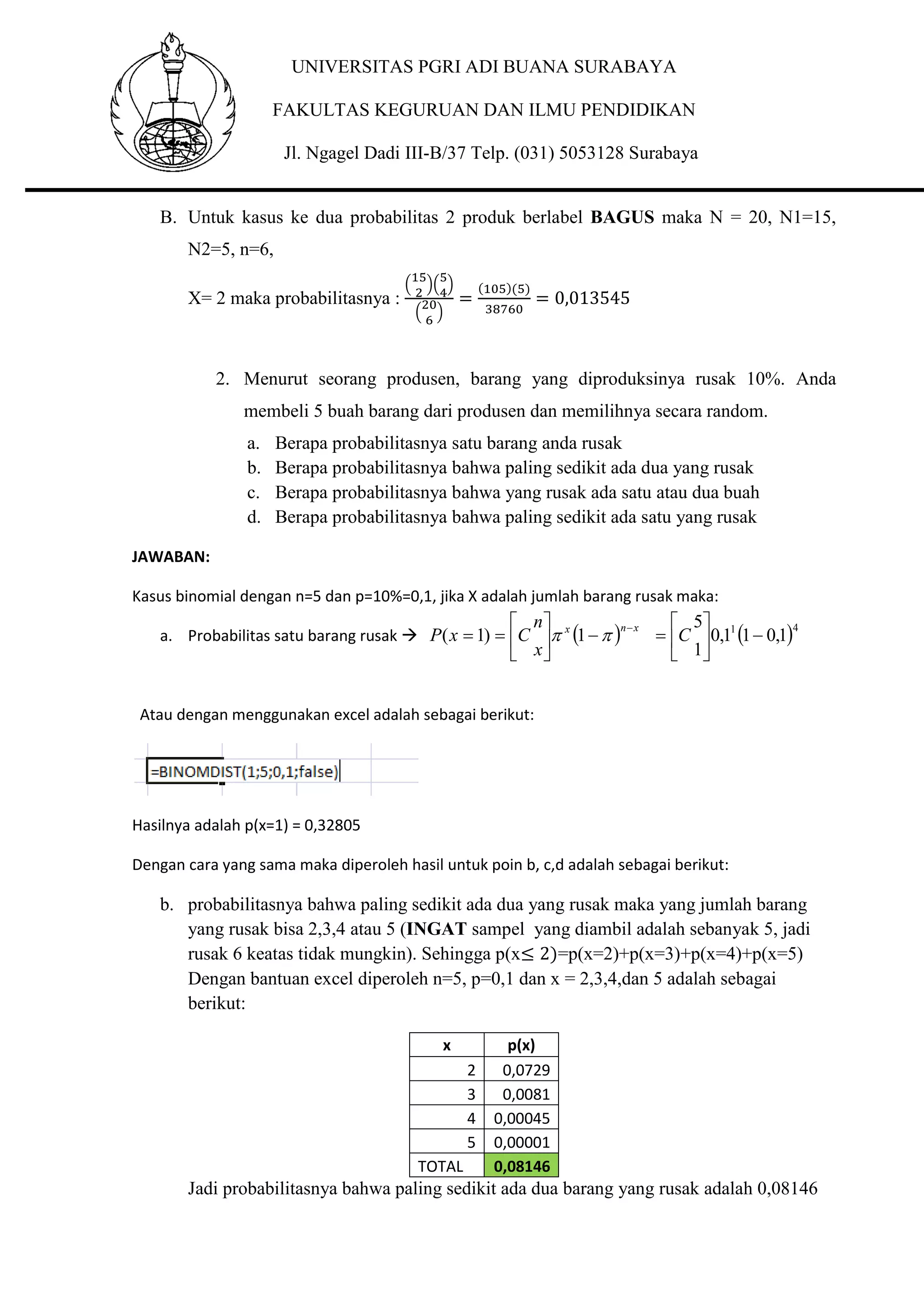 Soal matstat ngagel+jawabannya | PDF