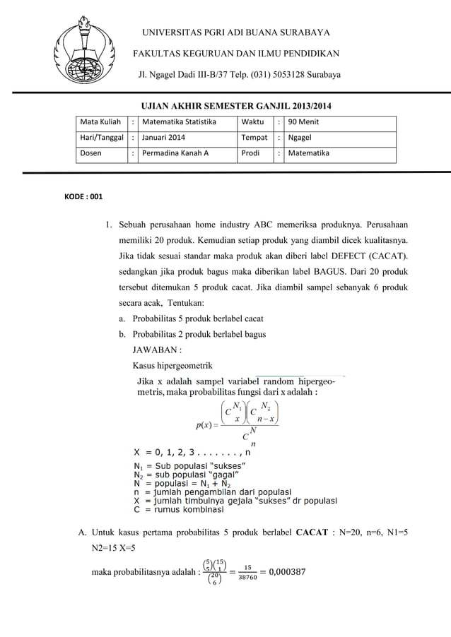 Soal matstat ngagel+jawabannya | PDF
