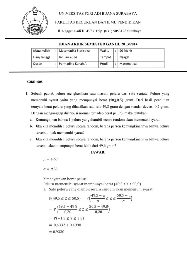 Soal matstat ngagel+jawabannya | PDF